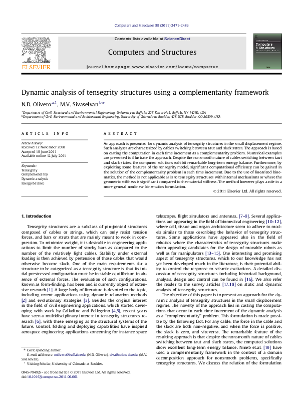 Pdf Dynamic Analysis Of Tensegrity Structures Using A Complementarity Framework M