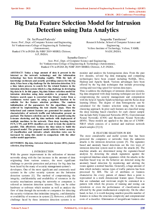 Pdf Big Data Feature Selection Model For Intrusion Detection Using Data Analytics