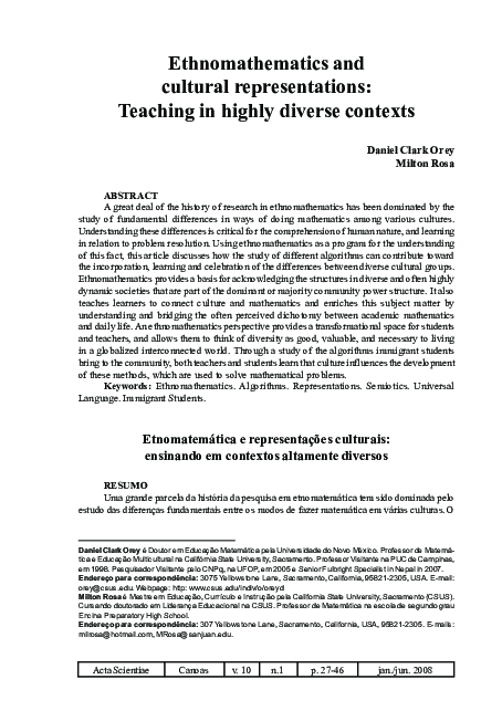 (PDF) Ethnomathematics and cultural representations: Teaching in highly ...
