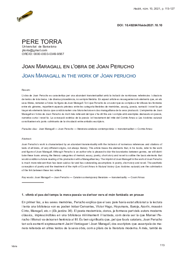 (PDF) Joan Maragall en l'obra de Joan Perucho