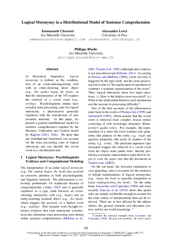 (PDF) Logical Metonymy in a Distributional Model of Sentence Comprehension