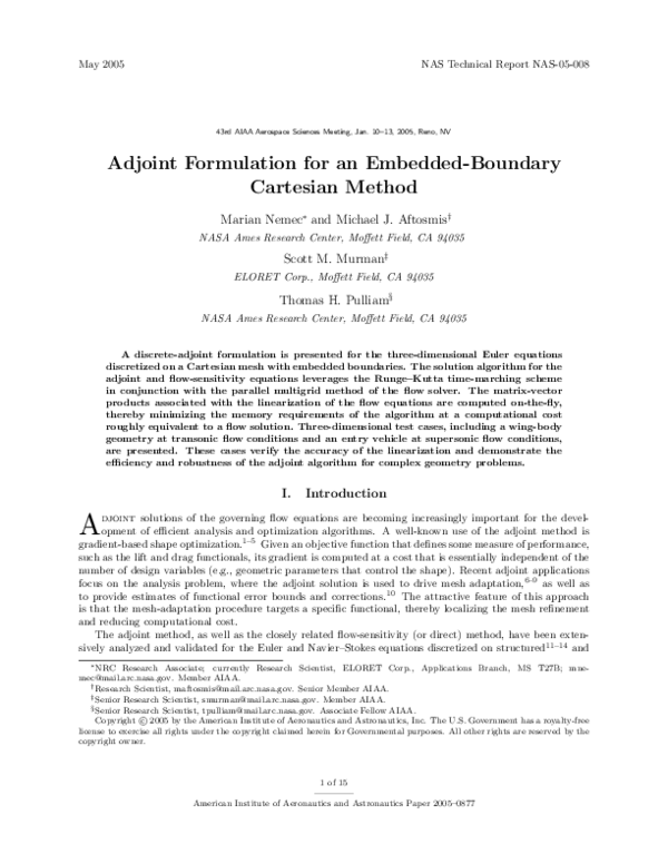 Pdf Adjoint Formulation For An Embedded Boundary Cartesian Method Thomas Pulliam