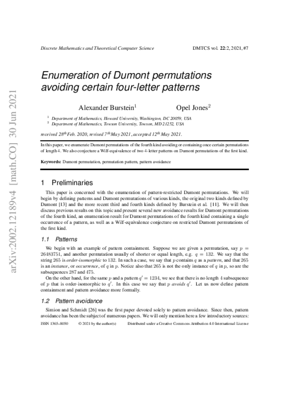 (PDF) Enumeration of Dumont permutations avoiding certain four-letter patterns