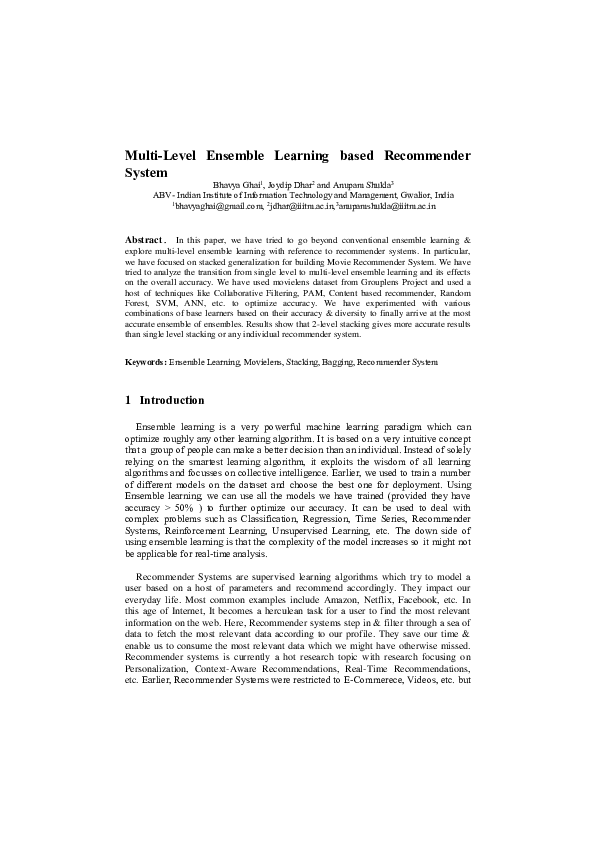 (PDF) Multi-Level Ensemble Learning based Recommender System