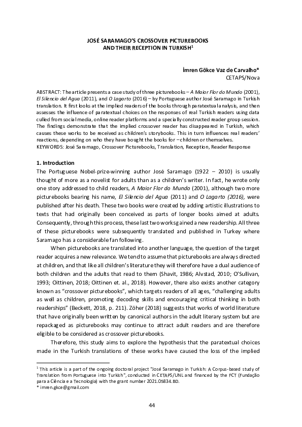 (PDF) JOSÉ SARAMAGO'S CROSSOVER PICTUREBOOKS AND THEIR RECEPTION IN TURKISH