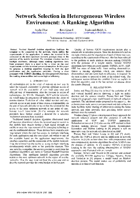 Pdf Network Selection In Heterogeneous Wireless Environment A Ranking Algorithm Joydip Dhar