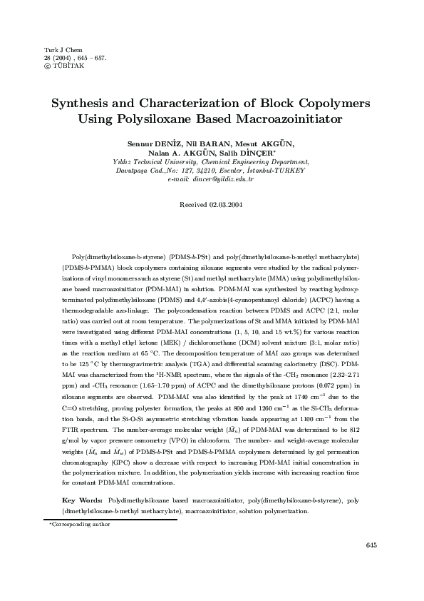 (PDF) Synthesis and Characterization of Block Copolymers Using Polysiloxane Based Macroazoinitiator