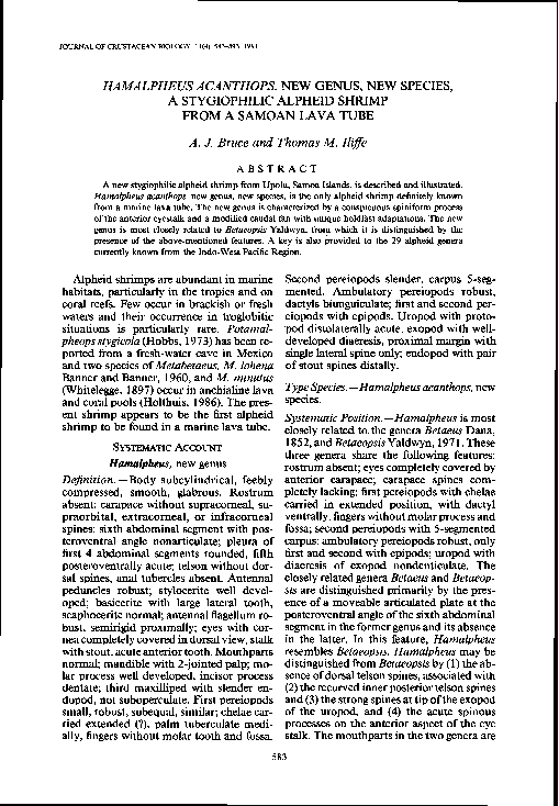 (PDF) Hamalpheus acanthops, New Genus, New Species, a Stygiophilic ...
