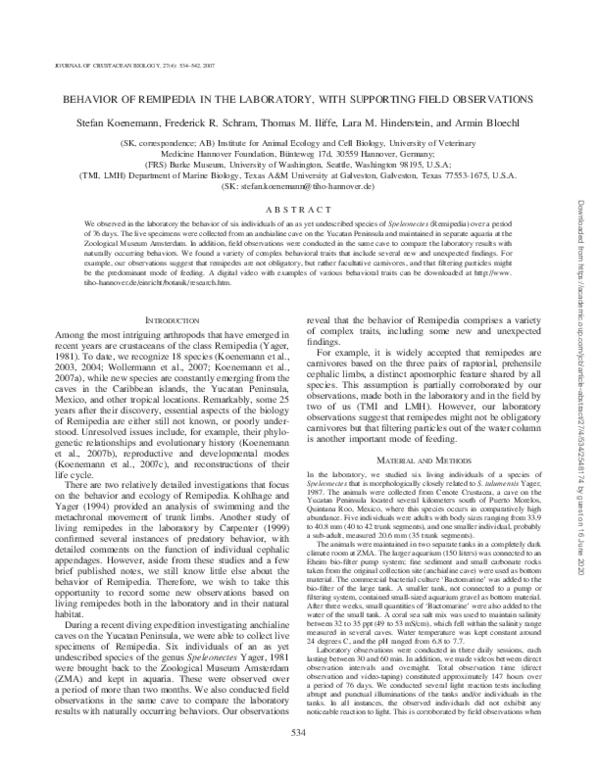 (PDF) Behavior of Remipedia in the Laboratory, with Supporting Field Observations | Tom Iliffe ...