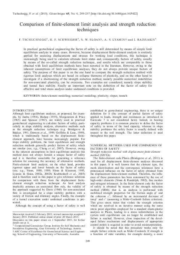 Pdf Comparison Of Finite Element Limit Analysis And Strength Reduction Techniques