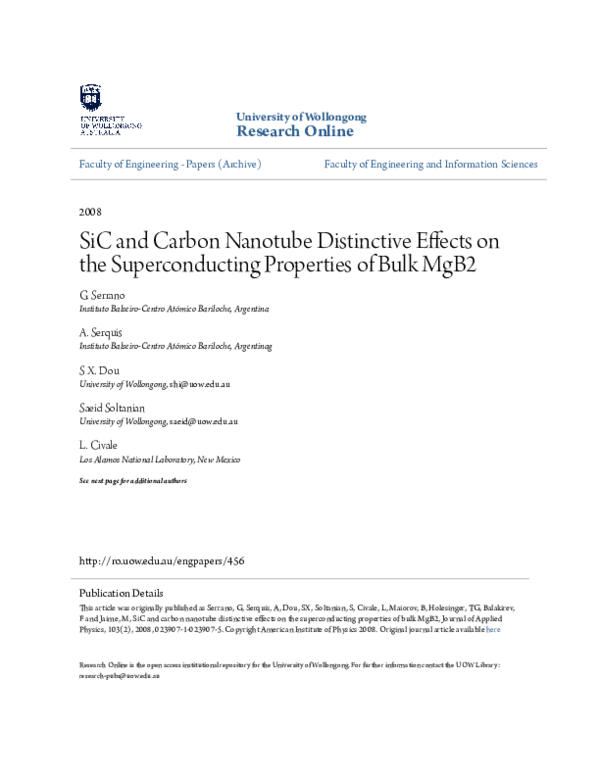 (PDF) SiC and carbon nanotube distinctive effects on the superconducting properties of bulk Mg B 2