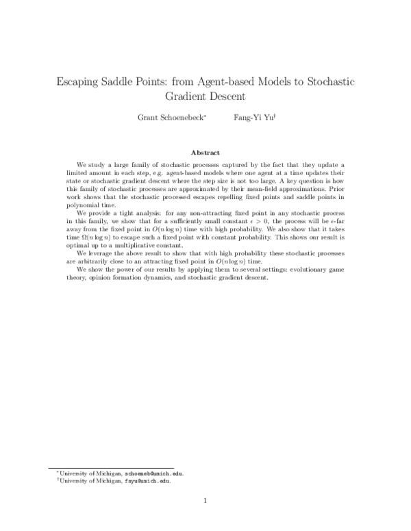 Escaping Saddle Points From Agent Based Models To Stochastic Gradient 0101