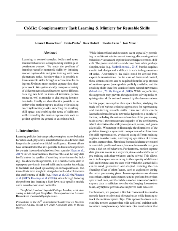 (PDF) CoMic: Complementary Task Learning & Mimicry for Reusable Skills