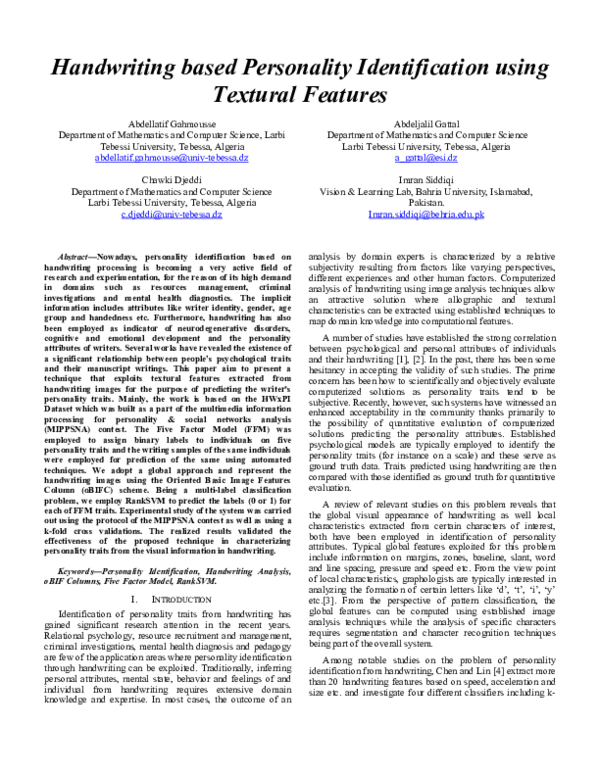 Pdf Handwriting Based Personality Identification Using Textural Features