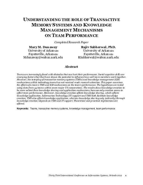 Pdf Understanding The Role Of Transactive Memory Systems And