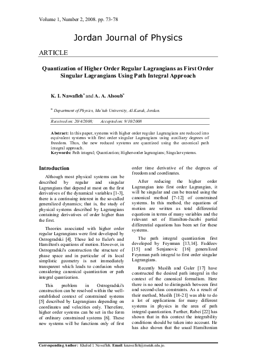 Pdf Quantization Of Higher Order Regular Lagrangians As First Order Singular Lagrangians Using