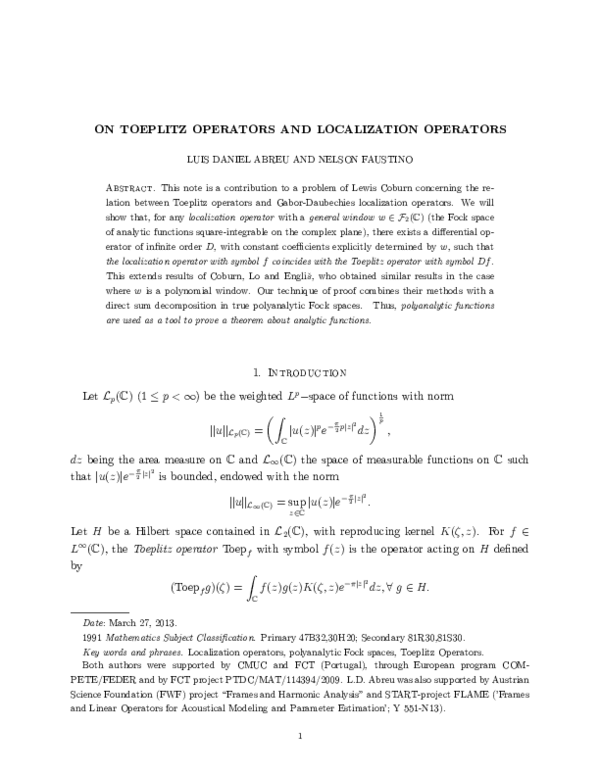 Pdf On Toeplitz Operators And Localization Operators