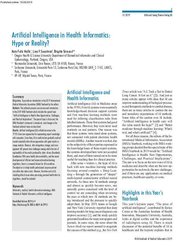 (PDF) Artificial Intelligence in Health Informatics: Hype or Reality?