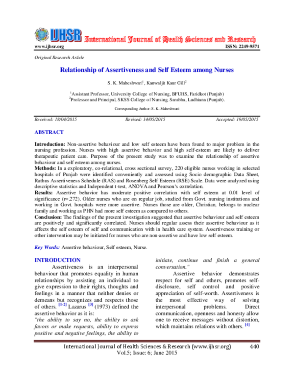 (PDF) Relationship of Assertiveness and Self Esteem among Nurses