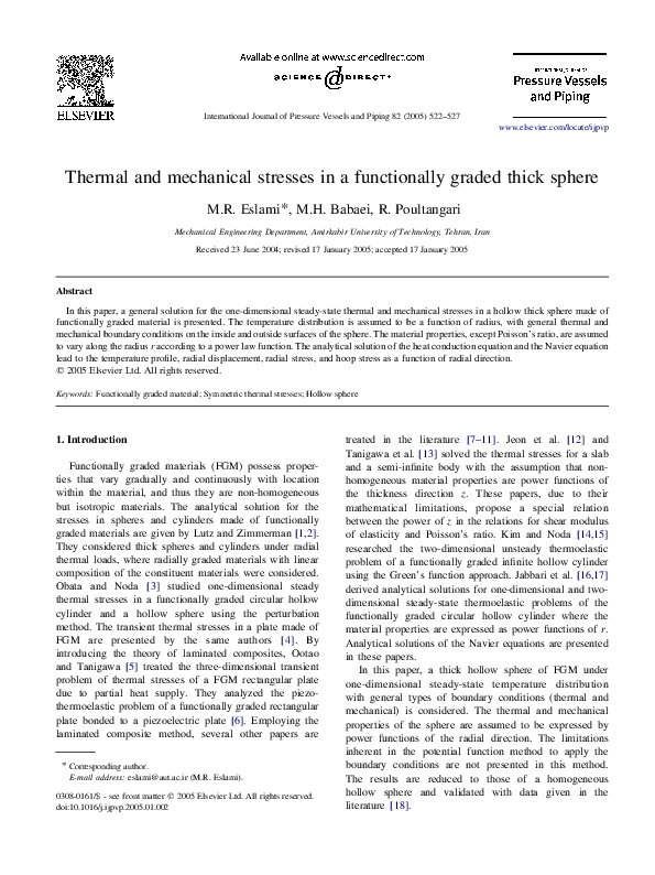 (PDF) Thermal and mechanical stresses in a functionally graded thick sphere