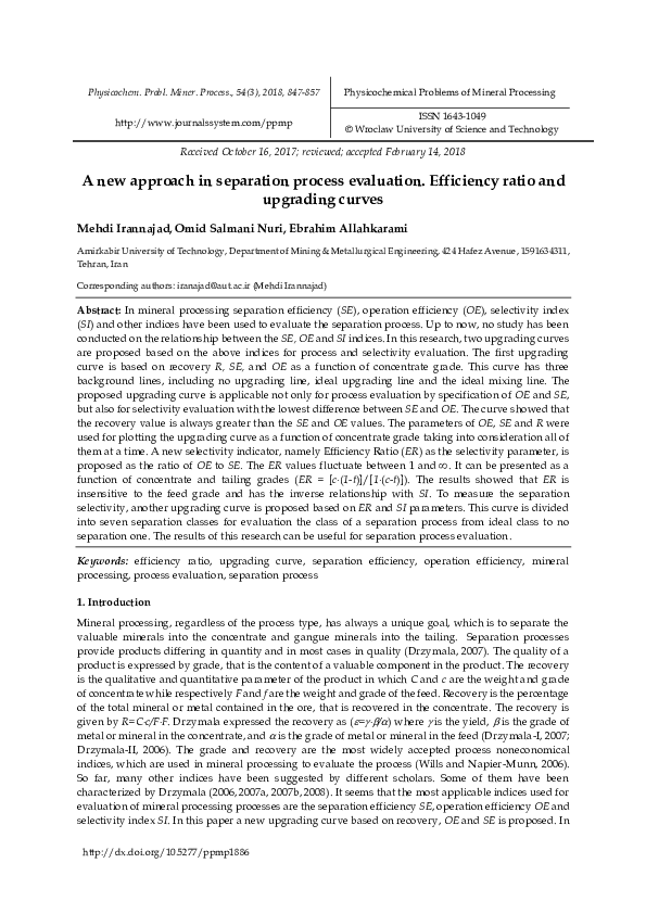 (PDF) A new approach in separation process evaluation. Efficiency ratio ...