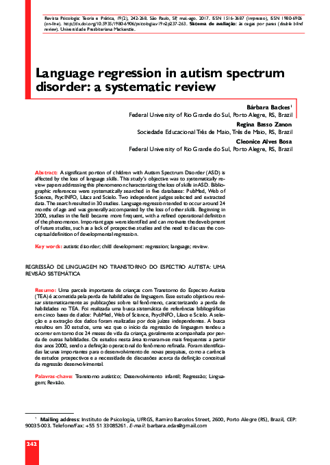 (PDF) Language regression in autism spectrum disorder: a systematic review