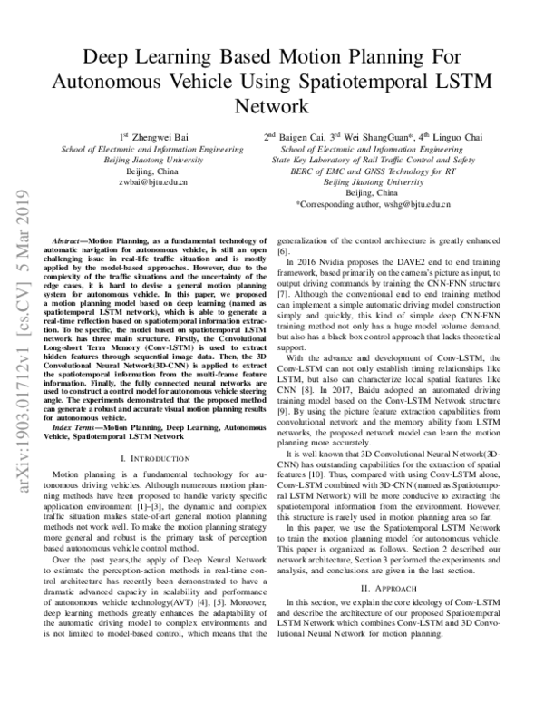 Pdf Deep Learning Based Motion Planning For Autonomous Vehicle Using