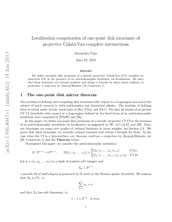 (PDF) Localization Computation of One-Point Disk Invariants of Projective Calabi–Yau Complete ...