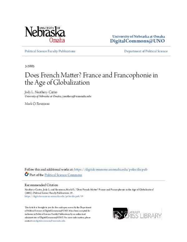 (PDF) Does French Matter? France and Francophonie in the Age of ...