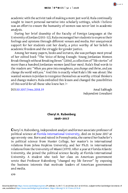 (PDF) Cheryl A. Rubenberg 1946–2017