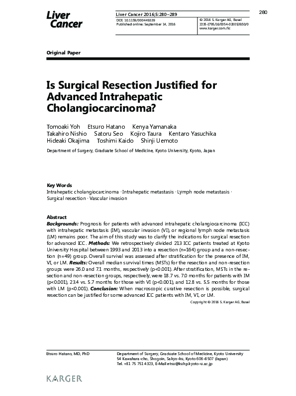 (PDF) Is Surgical Resection Justified for Advanced Intrahepatic Cholangiocarcinoma?