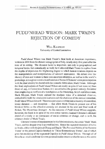 (PDF) Pudd'nhead Wilson: Mark Twain's rejection of comedy