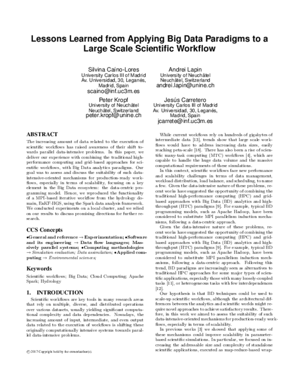 (PDF) Lessons Learned from Applying Big Data Paradigms to Large Scale Scientific Workflows