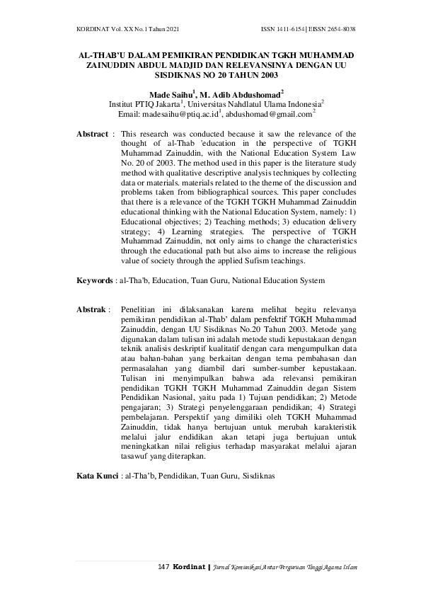 (PDF) Al-Thab’u Dalam Pemikiran Pendidikan TGKH Muhammad Zainuddin Abdul Madjid Dan Relevansinya ...