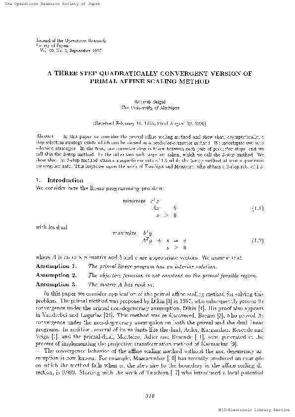 Pdf The Three Step Quadratically Convergent Version Of Primal Affine