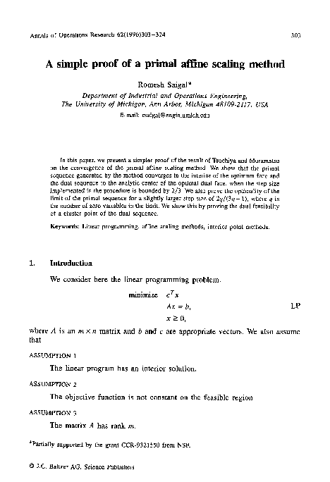 Pdf Proof Of Convergence In Primal Affine Scaling Method
