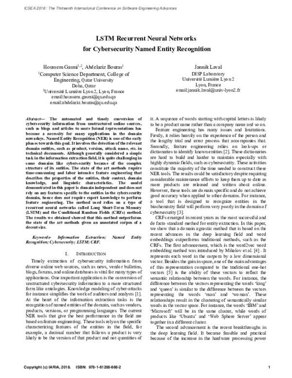 (PDF) LSTM Recurrent Neural Networks for Cybersecurity Named Entity Recognition