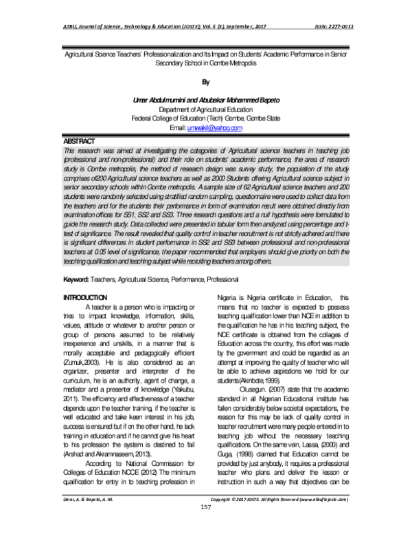 (PDF) Agricultural Science Teachers’ Professionalization and Its Impact ...