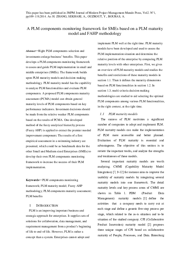 (PDF) A PLM components monitoring framework for SMEs based on a PLM maturity model and FAHP ...