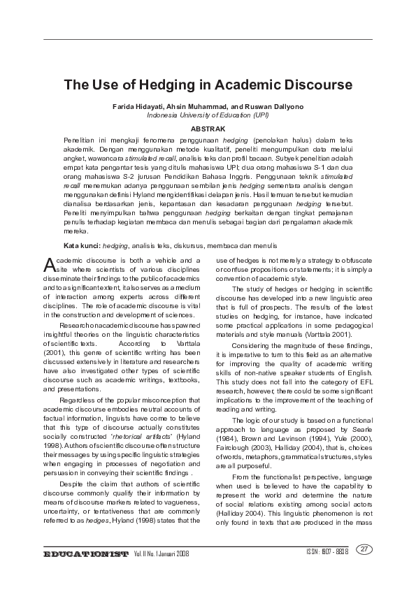(PDF) The Use Of Hedging In Academic Discourse