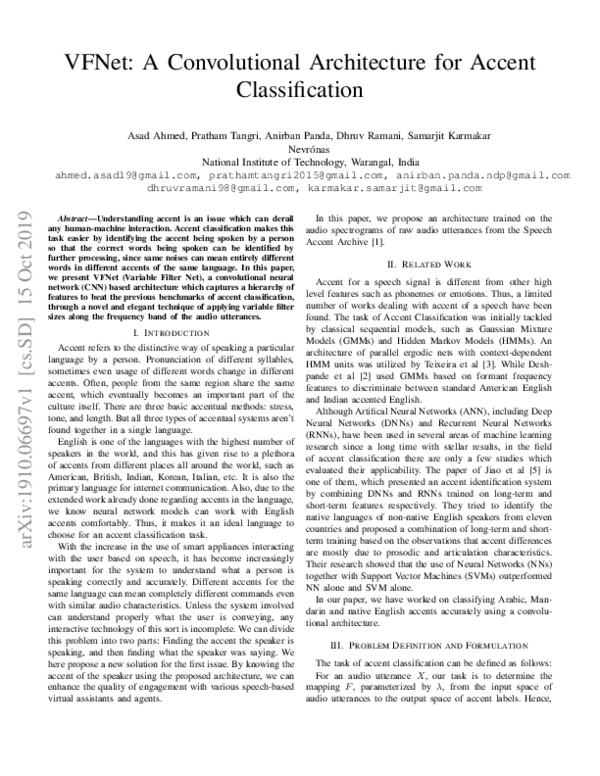 (PDF) VFNet: A Convolutional Architecture for Accent Classification