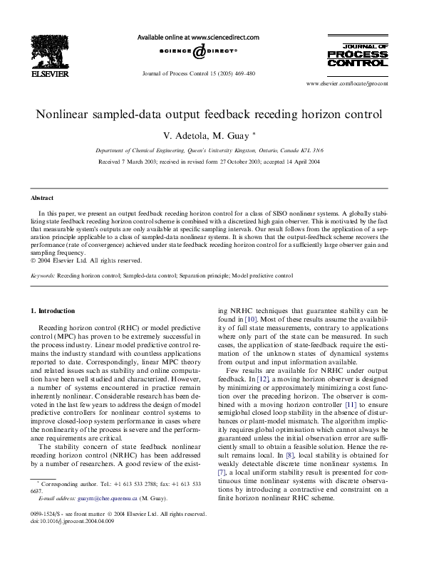 Pdf Nonlinear Sampled Data Output Feedback Receding Horizon Control