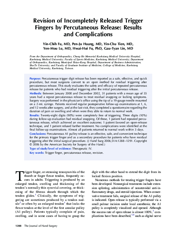 (PDF) Revision of Incompletely Released Trigger Fingers by Percutaneous ...