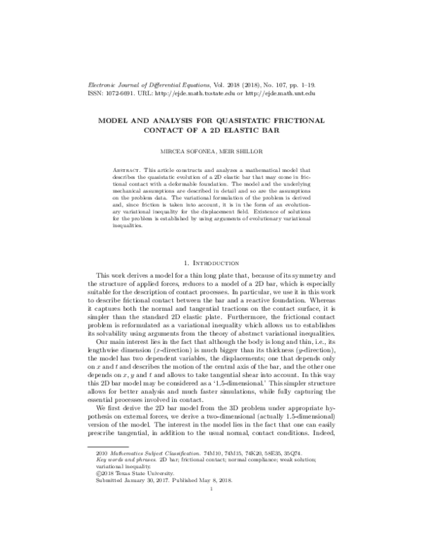 (PDF) Model and Analysis for Quasistatic Frictional Contact of a 2D Elastic Bar | Meir Shillor ...