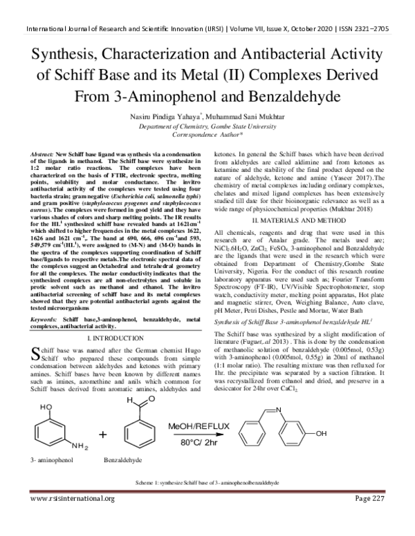 (PDF) Synthesis, Characterization and Antibacterial Activity of Schiff ...