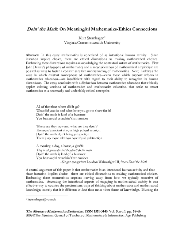 (PDF) Doin' the Math: On Meaningful Mathematics-Ethics Connections