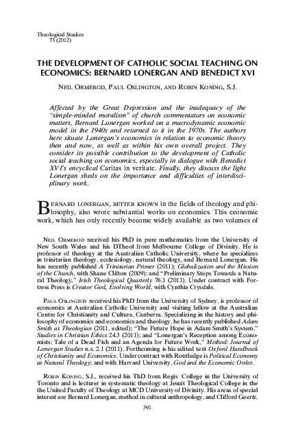 (PDF) The Development of Catholic Social Teaching on Economics: Bernard ...