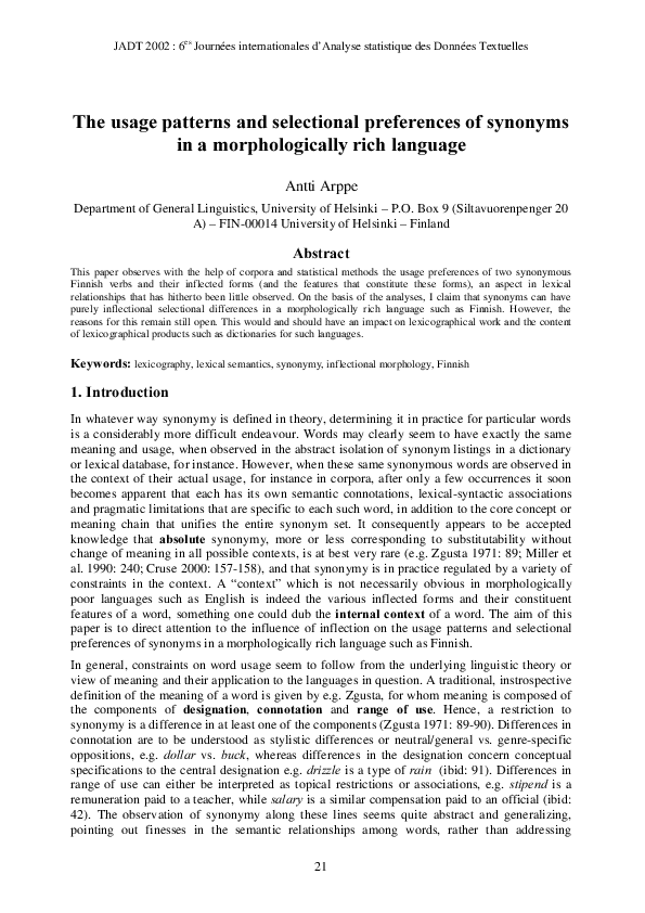 (PDF) The usage patterns and selectional preferences of synonyms in a ...