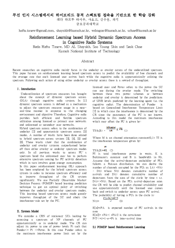 (PDF) Reinforcement Learning based Hybrid Dynamic Spectrum Access in Cognitive Radio Systems