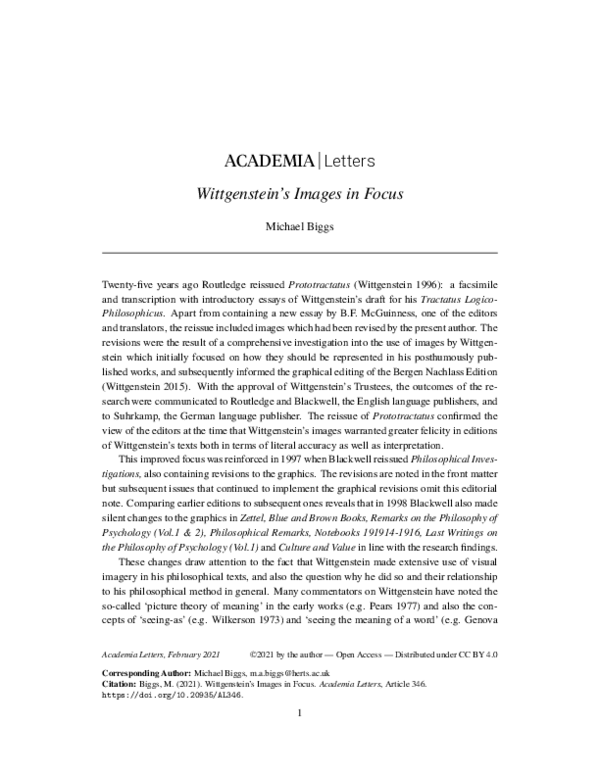 (PDF) ACADEMIA Letters Wittgenstein’s Images in Focus